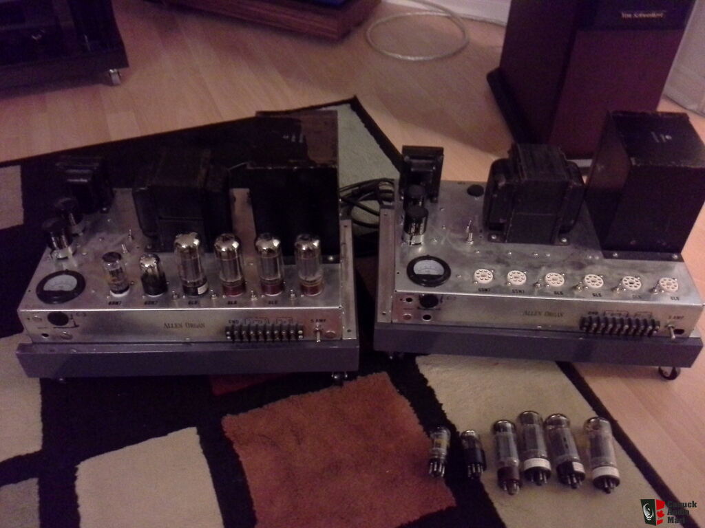 Two mono Allen organ tube power amps with wood blocks Photo #1029089 ...