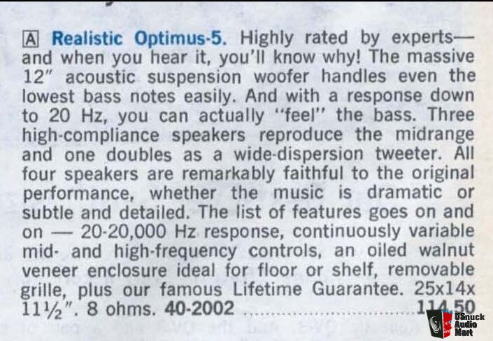 Vintage Realistic Optimus 5 Speakers- Model 40-2002 Photo #1575835 ...