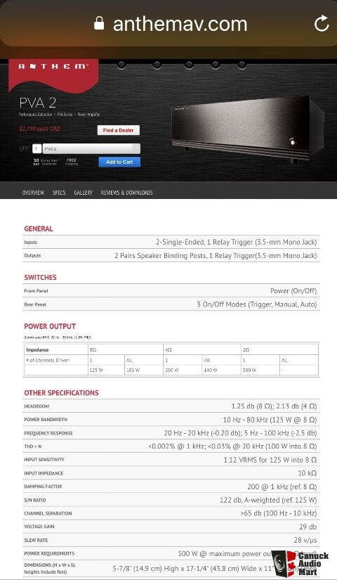 Anthem PVA 2 Power Amplifier with 2 Channels Photo #1729117 - Canuck ...