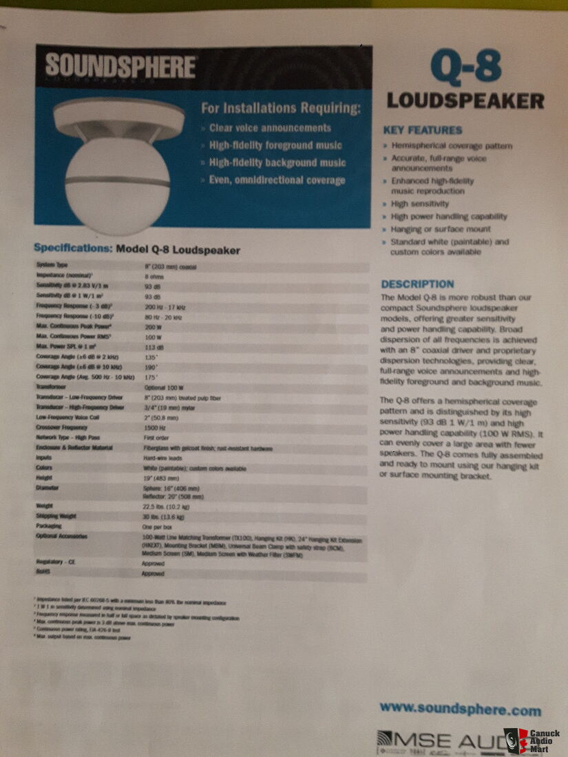 SOUNDSPHERE Deluxe PA Loudspeaker Q-8 For Sale - Canuck Audio Mart