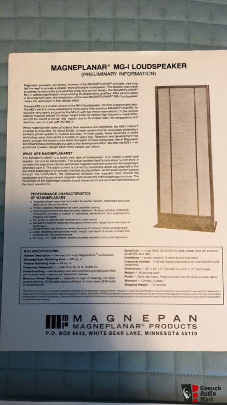 Magnaplanar MG-I Loudspeaker Photo #2567145 - Canuck Audio Mart