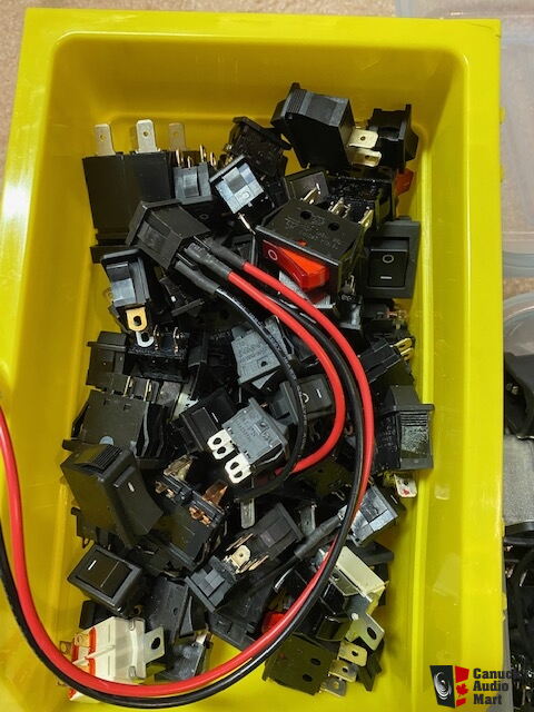 Various components- volume controls, VR pots, relays, switches, AC ...