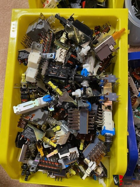 Various components- volume controls, VR pots, relays, switches, AC ...