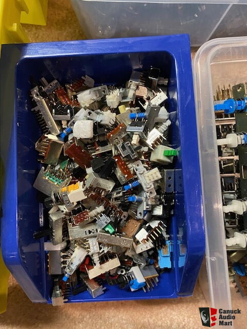 Various components- volume controls, VR pots, relays, switches, AC ...