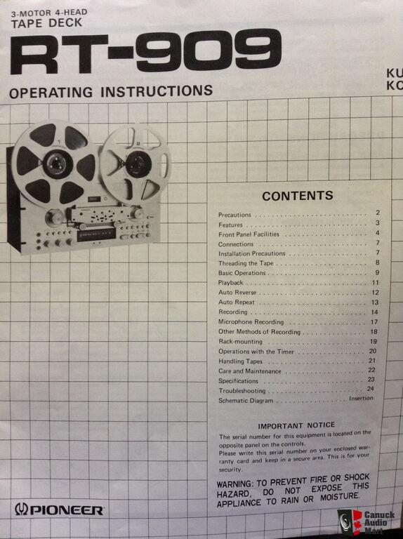 PIONEER RT-909 Auto Reverse Dual Capstan 4-Track Reel-to-Reel Tape Deck ...